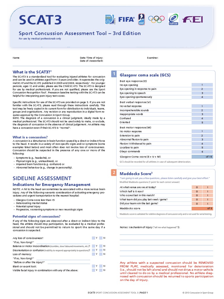 Scat3: Sport Concussion Assessment Tool - 3rd Edition | PDF ...