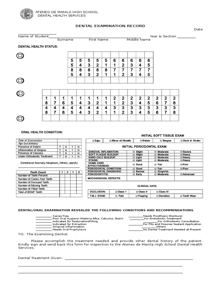 Ateneo de Manila High School Dental Examination Record: Documenting Student Dental Health Status ...