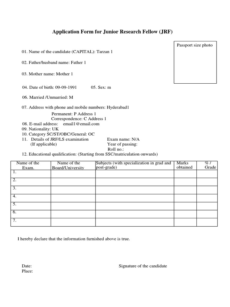 Application Form For Junior Research Fellow (JRF) | PDF | Test ...