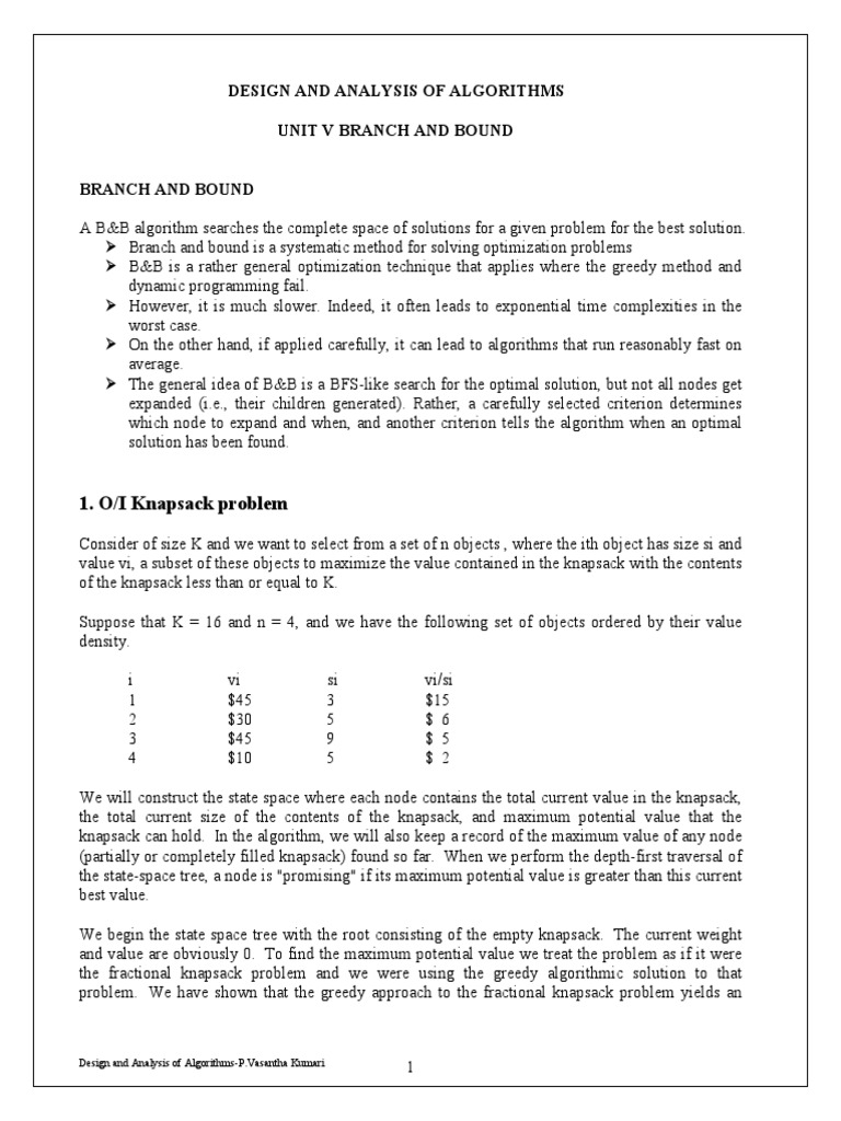 O/I Knapsack Problem: Design and Analysis of Algorithms Unit V Branch ...