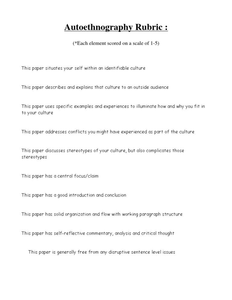 Autoethnography Rubric | PDF