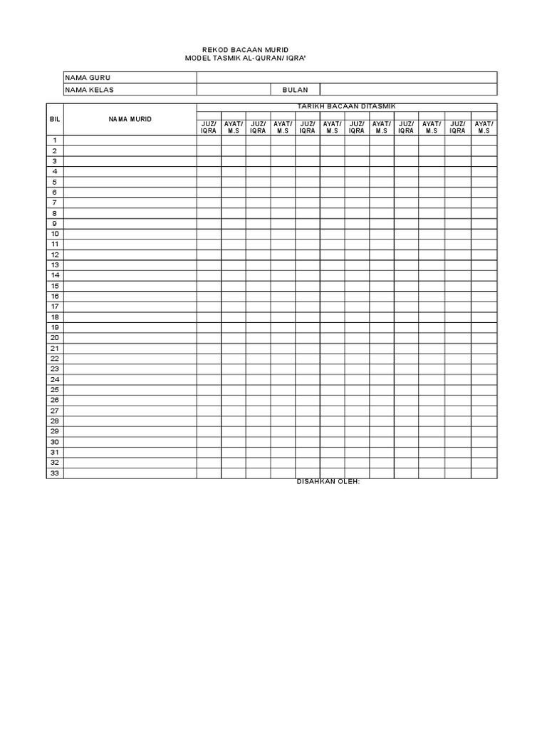 Rekod Bacaan Tasmik Murid Al-Quran | PDF