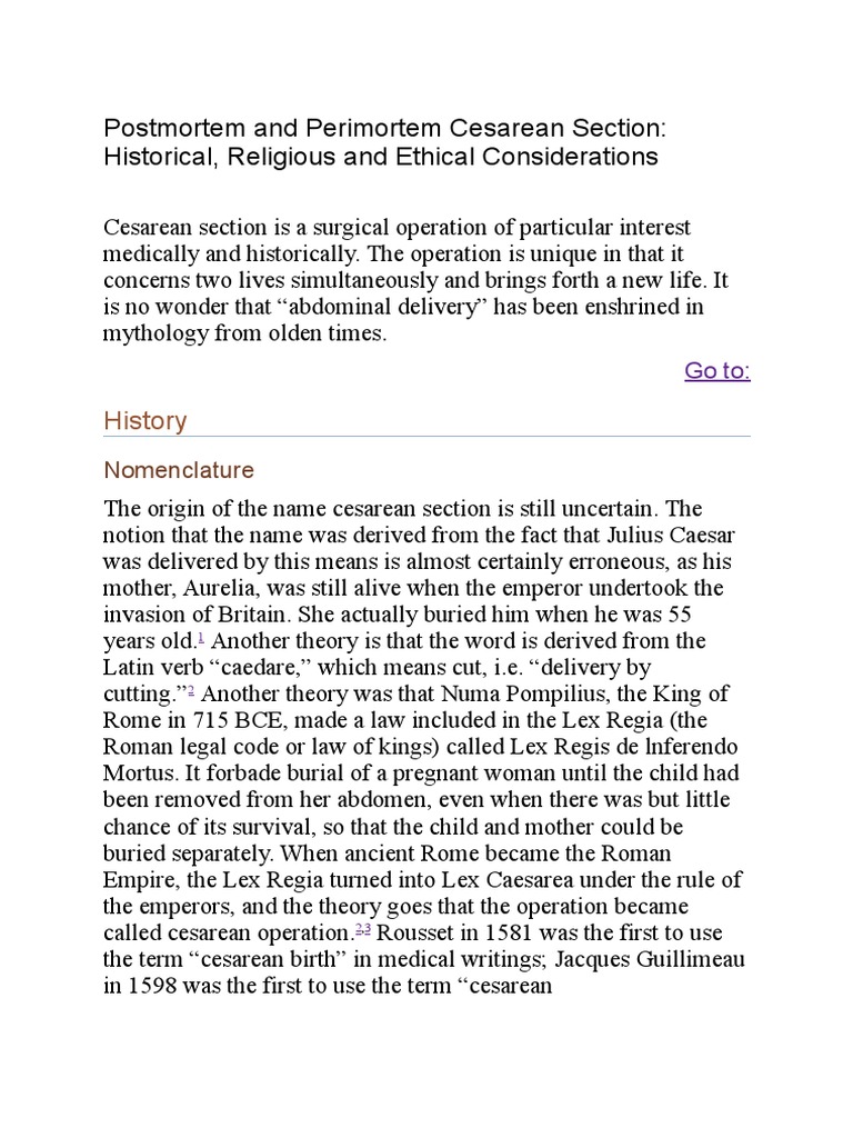 Postmortem and Perimortem Cesarean Section: Historical, Religious and ...