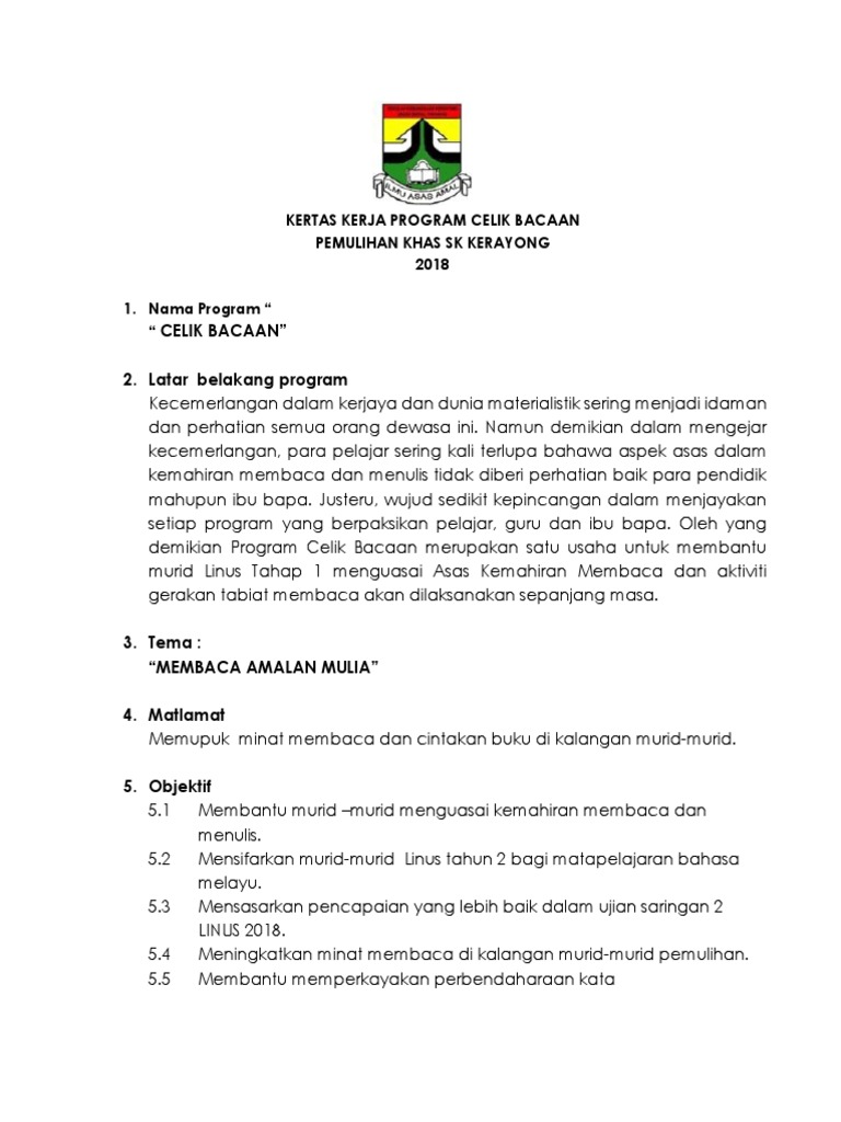Kertas Kerja Program Celik Bacaan 2018 | PDF