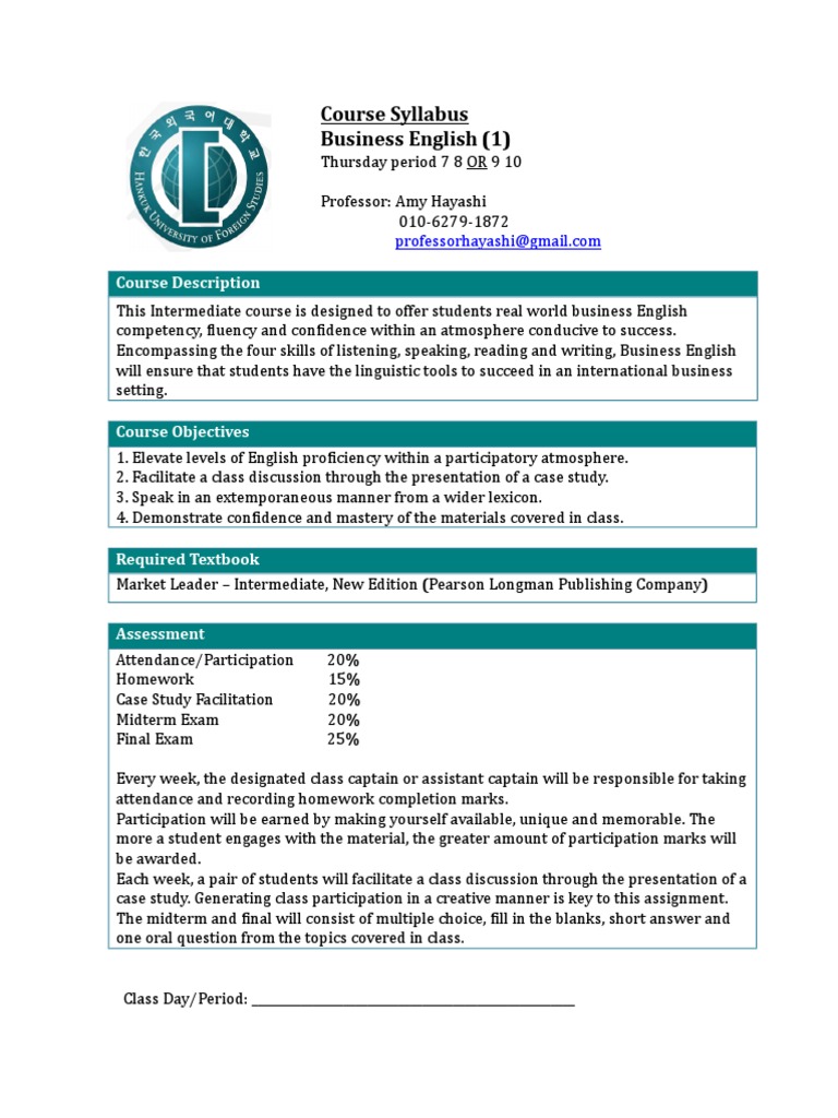 Course Syllabus Business English | PDF | Leadership | Homework