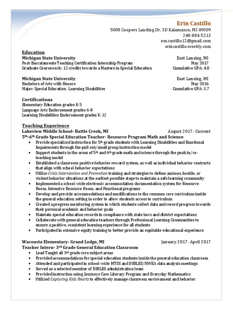 Erin Castillo Resume | PDF | Special Education | Curriculum