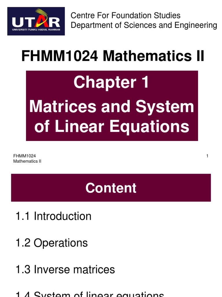 FHMM1024 Chapter 1 Matrices and Linear Equations | PDF | Matrix (Mathematics) | Determinant