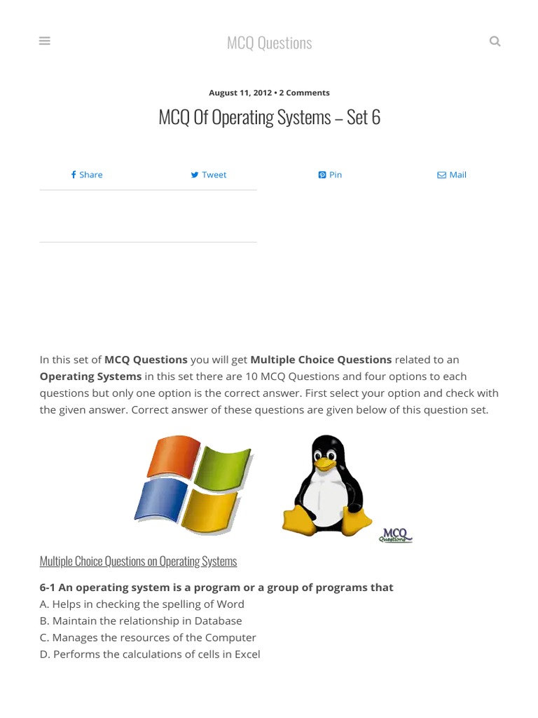 MCQ of Operating Systems - Set 6 | PDF | Operating System | C (Programming Language)
