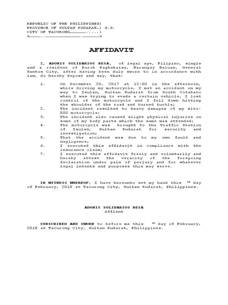 Affidavit for Insurance Claim | PDF