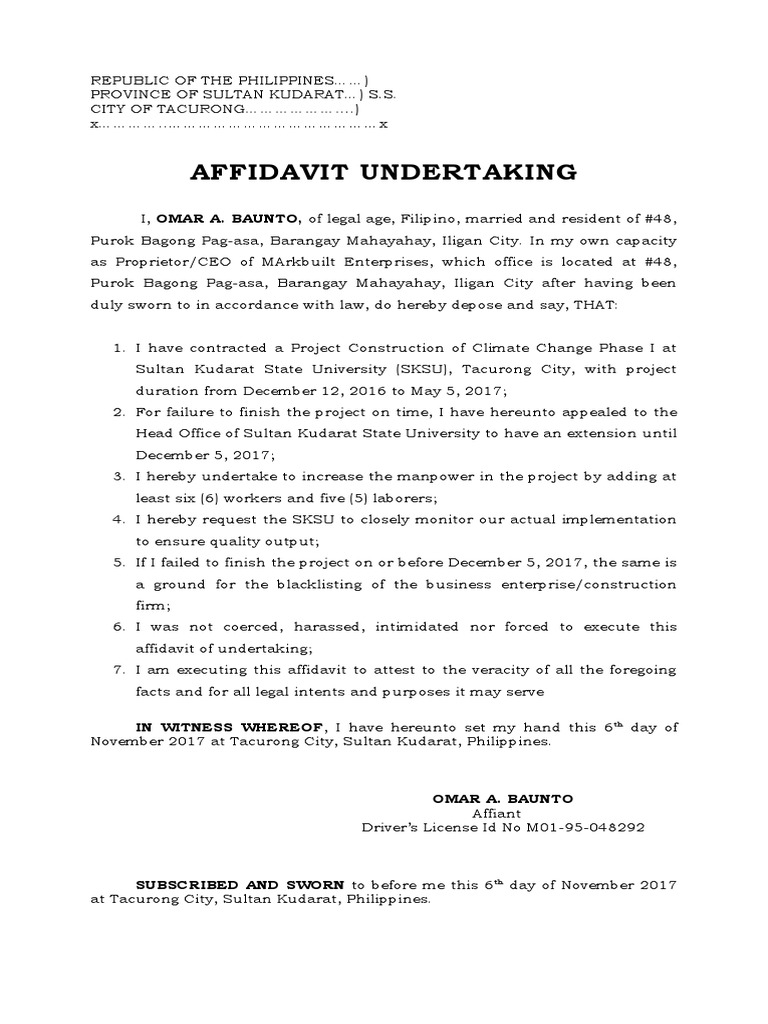 Affidavit of Undertaking