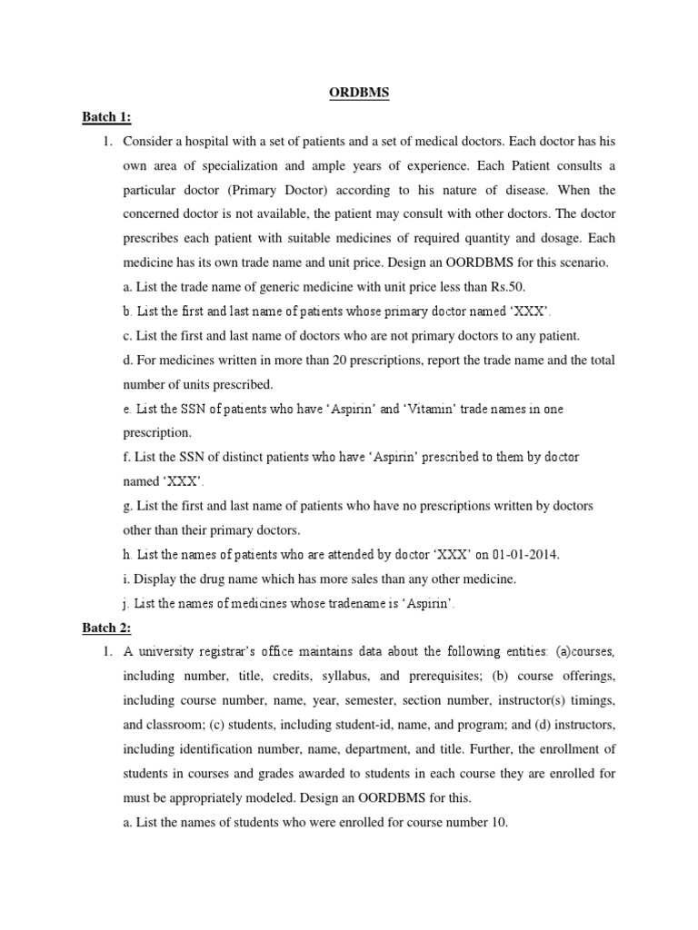 ORDBMS Exercise | PDF | Medical Prescription | Prescription Drugs