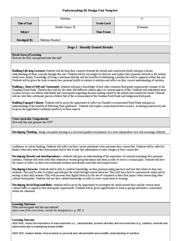 Nutrition Unit Plan for Health Science 20 | PDF | Educational ...