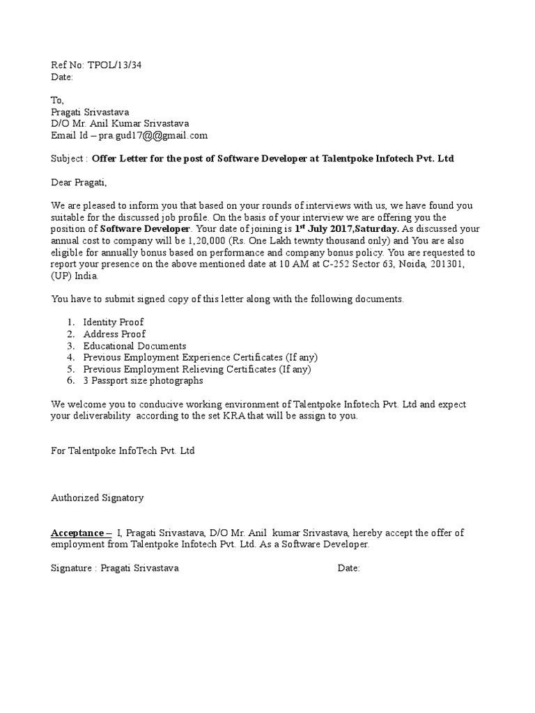 Revised Offr Letter | PDF