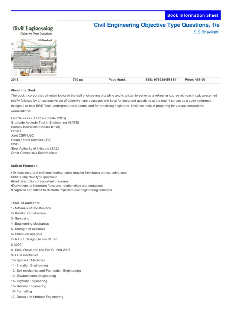 Civil Engineering Objective Type Questions, 1/e: Book Information Sheet ...