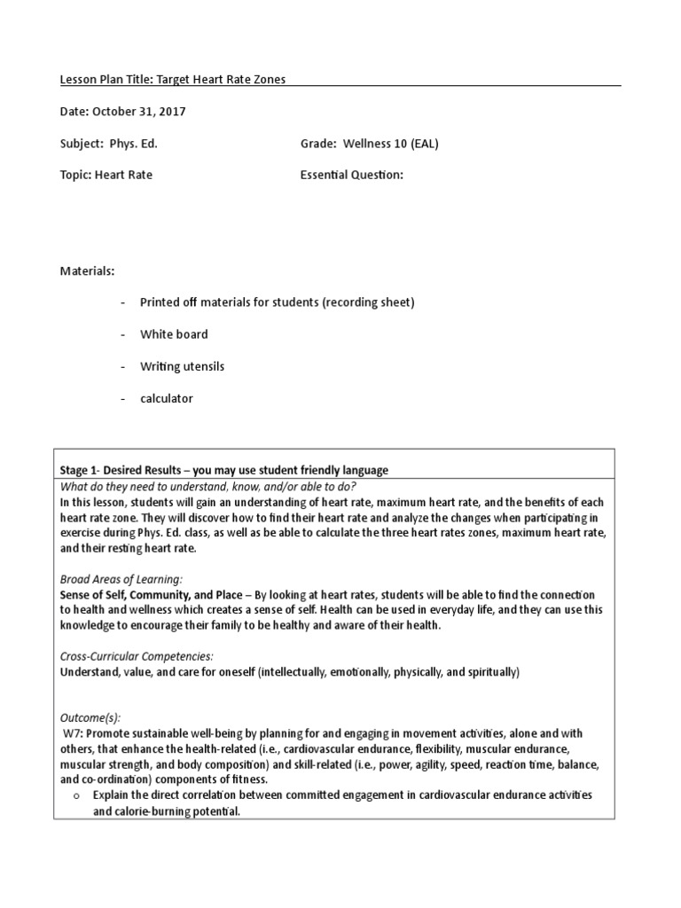 Target Heart Rate Lesson Plan | PDF | Educational Assessment | Heart Rate