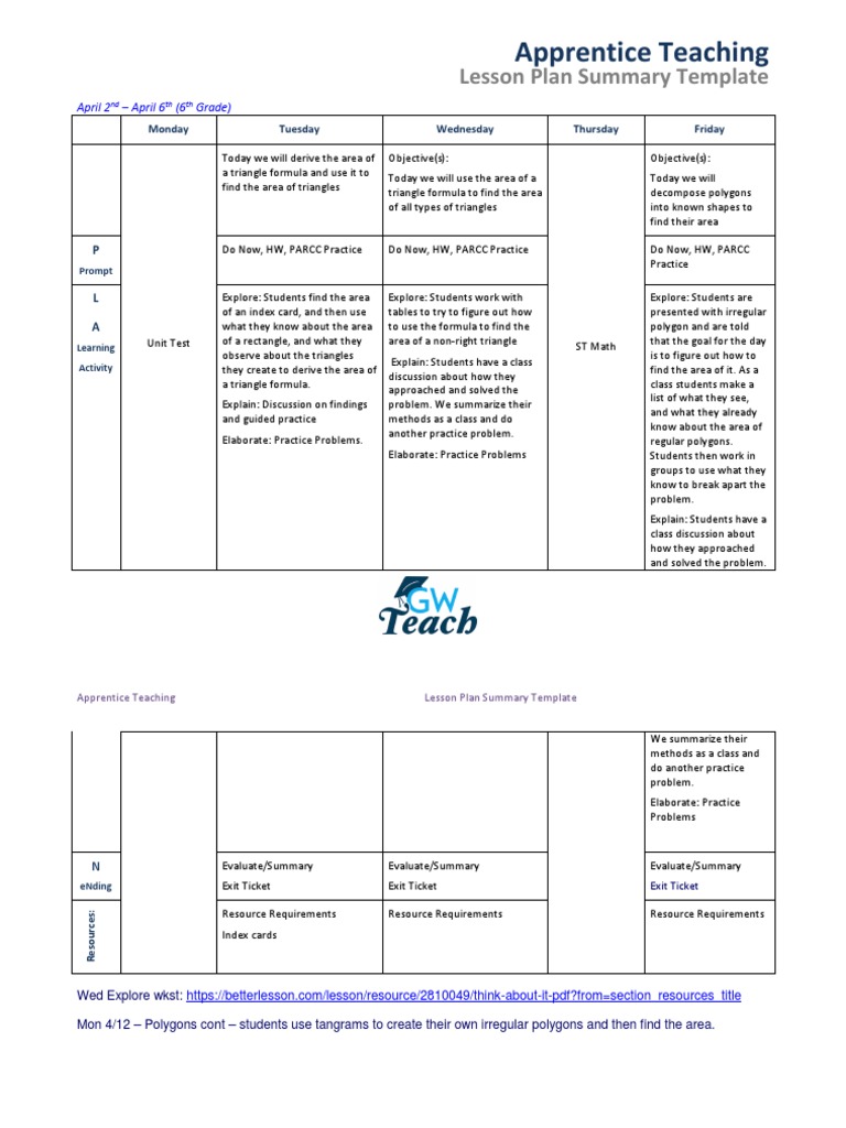 Apprentice Teaching: Lesson Plan Summary Template | Download Free PDF ...
