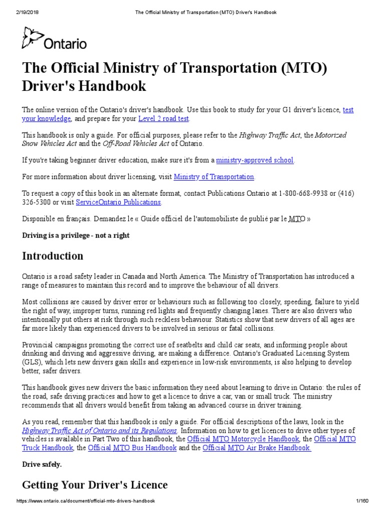 The Official Ministry of Transportation (MTO) Driver's Handbook | PDF ...