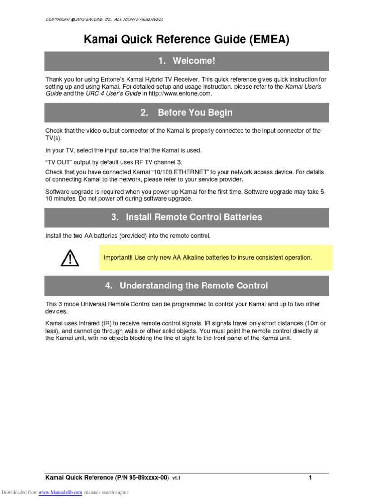 Entone Kamai 410 Quick Reference Manual | PDF | Remote Control | Set ...