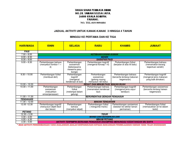 Jadual Aktiviti Untuk Kanak2 3-4 Tahun WK 1 Dan 3 Tspu | PDF