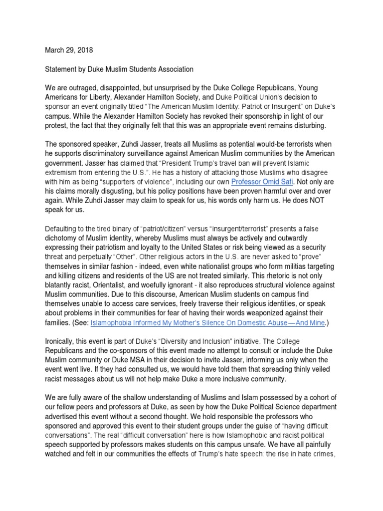 Duke MSA Statement | PDF | Islamophobia | Discrimination & Race Relations