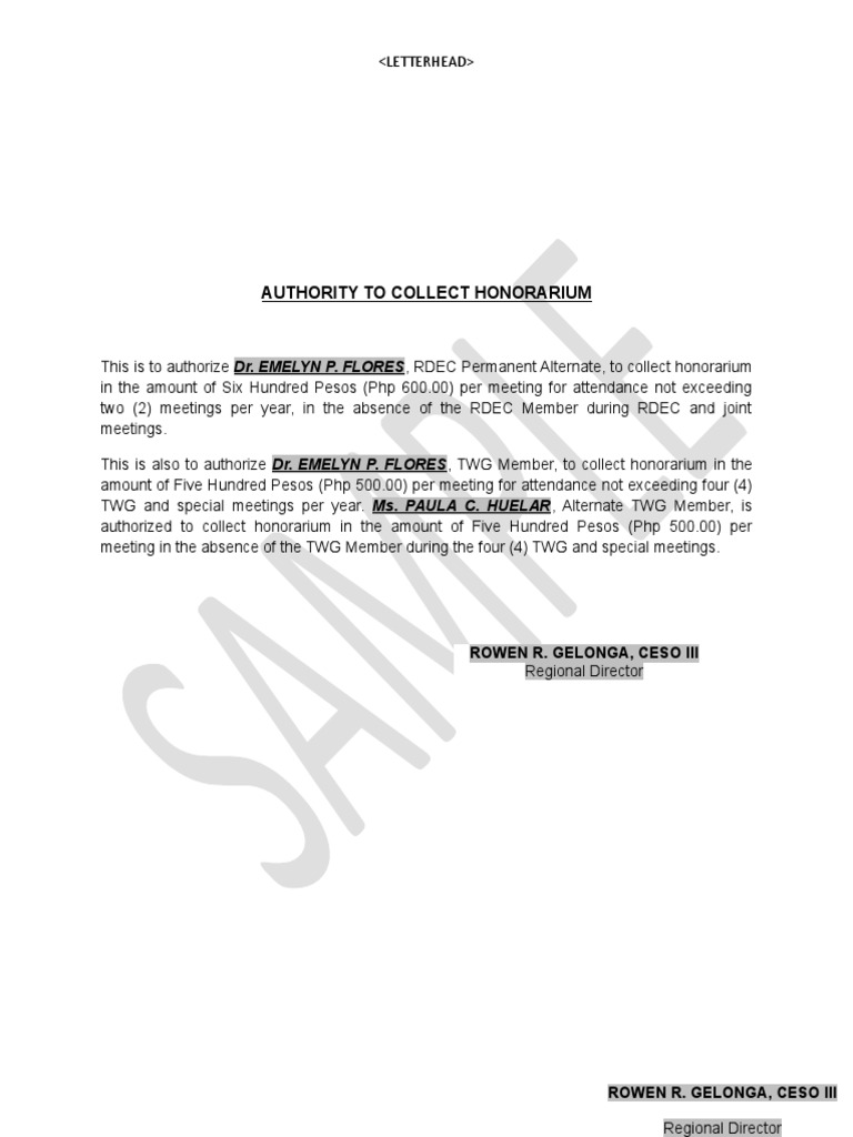 Authority To Collect Honorarium | PDF | Southeast Asia | Financial Markets