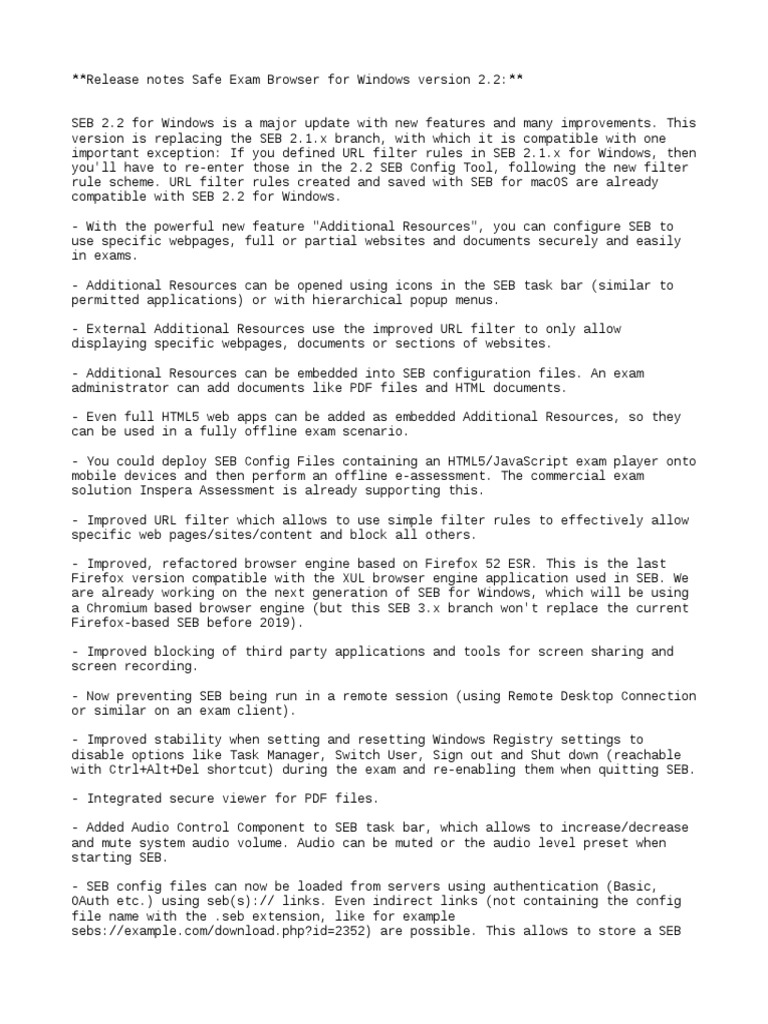 ReleaseNotes SEB-Win 2.2 | PDF | Proxy Server | Public Key Certificate