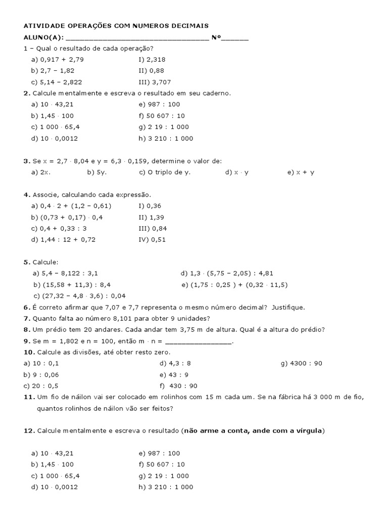 Atividade Operações Com Numeros Decimais | PDF