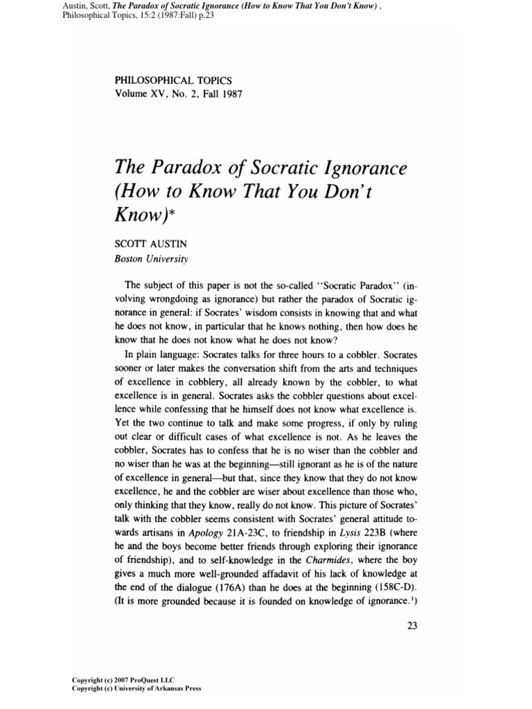 Austin, S - The Paradox of Socratic Ignorance (How To Know That You Don ...