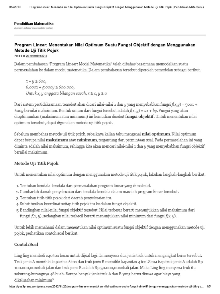 Program Linear - Menentukan Nilai Optimum Suatu Fungsi Objektif Dengan Menggunakan Metode Uji ...