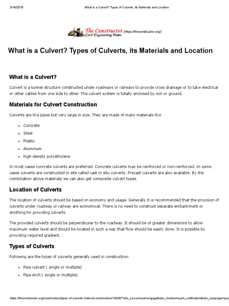 What Is A Culvert - Types of Culverts, Its Materials and Location | PDF ...