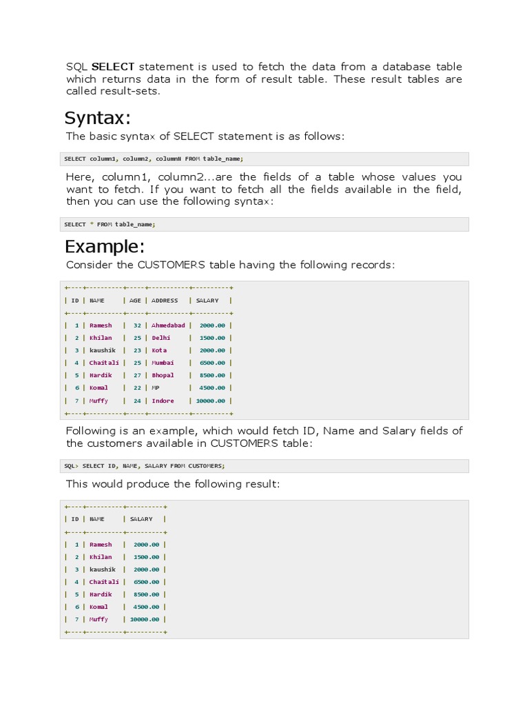 Syntax Select Column1 Column2 Columnn From Table Name Pdf Sql Table Database 5581