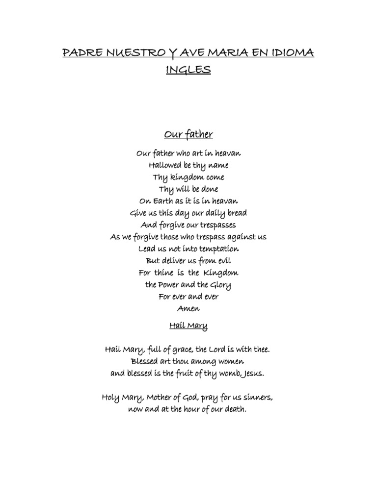 Oración Padre Nuestro y Ave Maria en Idioma Ingles | PDF