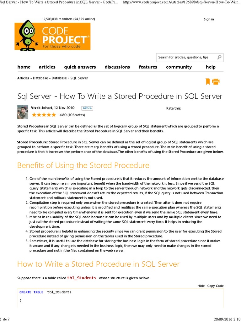 Sql Server How To Write A Stored Procedure In Sql Server Pdf Parameter Computer