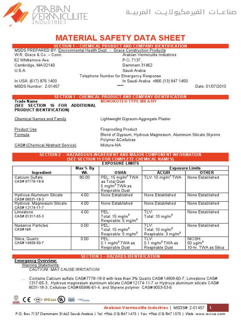 Monokote Mk6 - Hy Msds | PDF | Chemical Substances | Chemistry
