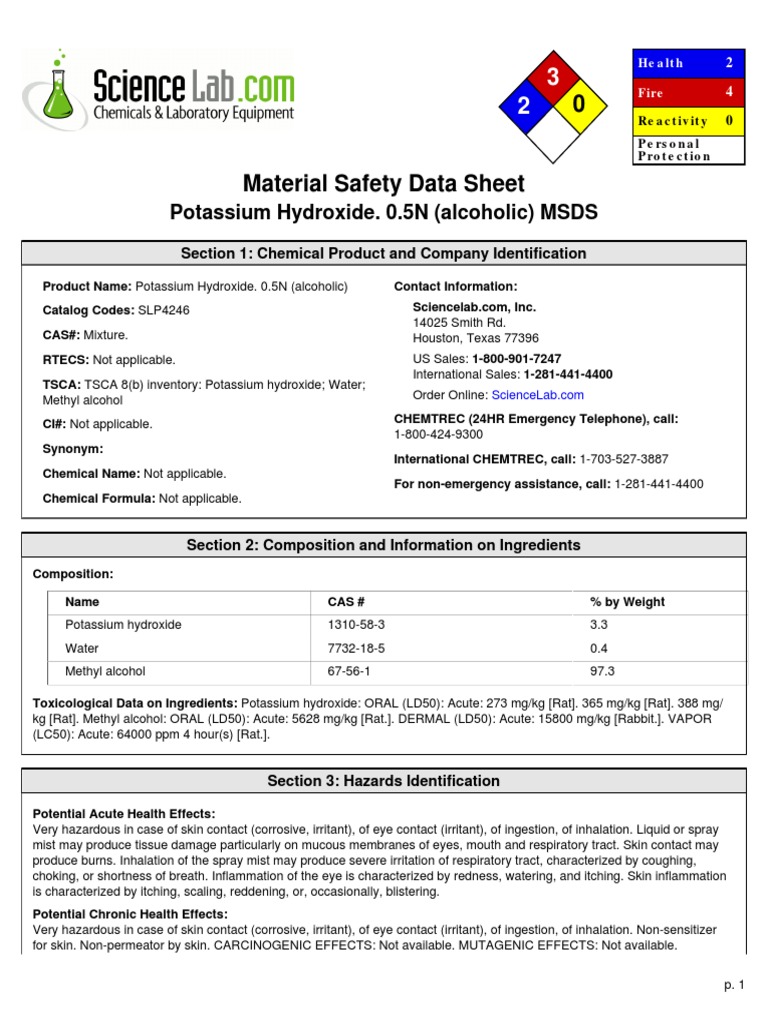 Potassium Hydroxide. 0.5N (Alcoholic) MSDS: Section 1: Chemical Product ...