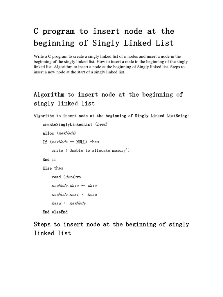 C Program To Insert Node At The Beginning Of Singl Pdf Computer Programming Data