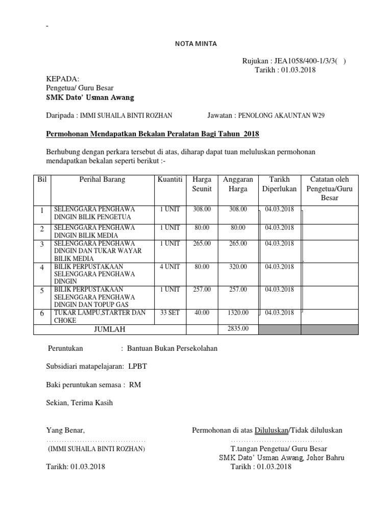 Contoh Pengisian Nota Minta | PDF