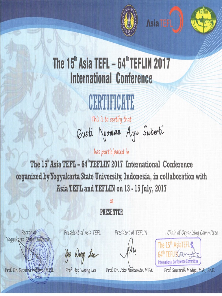 Sertifikat Asia Tefl and Teflin 2017 | PDF | Career & Growth