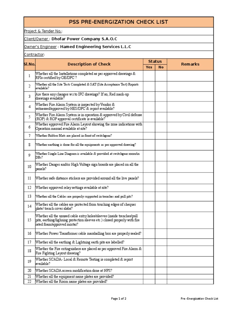 170814 Pre Energization Check List. | Electrical Engineering | Electricity
