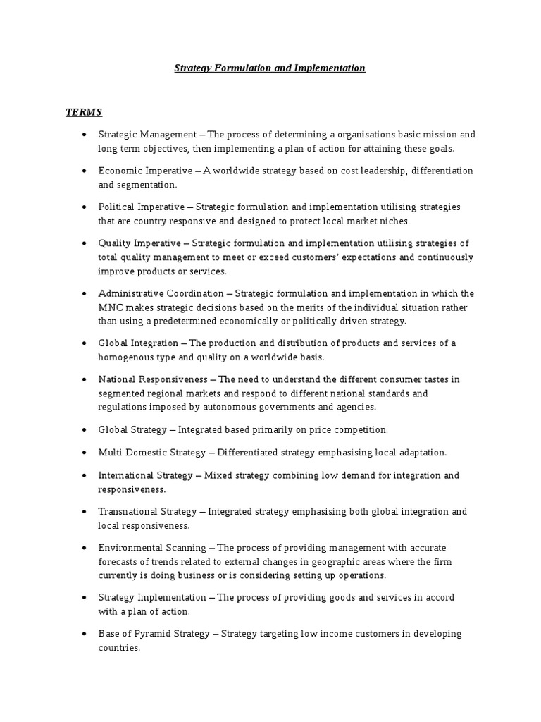 Strategy Formulation and Implementation Outline | PDF | Strategic ...