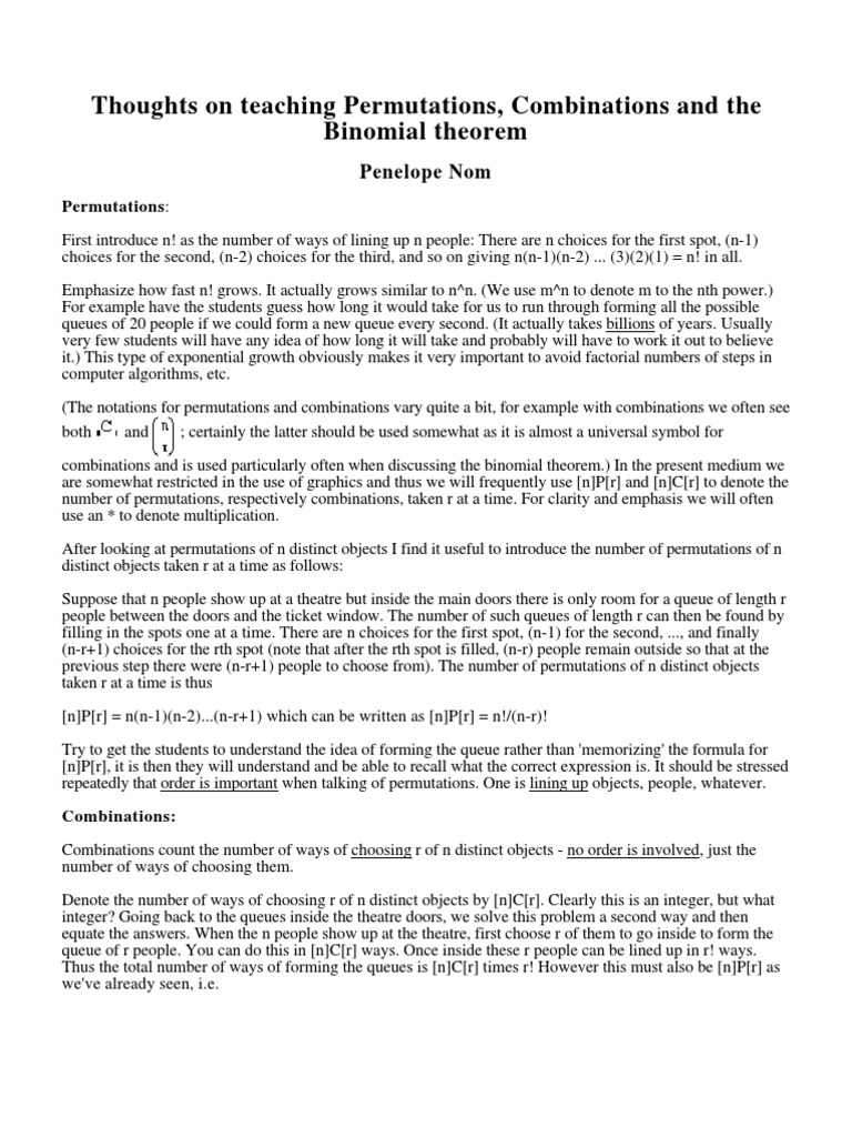 Thoughts On Teaching Permutations, Combinations and The Binomial Theorem | PDF | Permutation ...