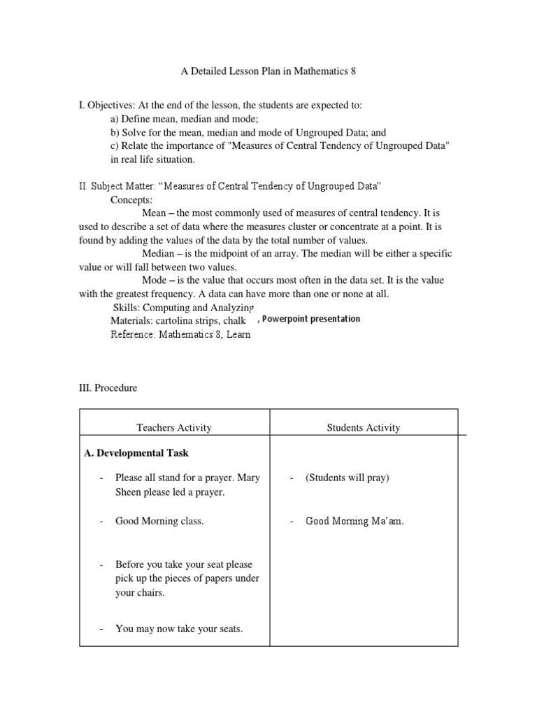 A Detailed Lesson Plan in Mathematics 8 | PDF | Mean | Median