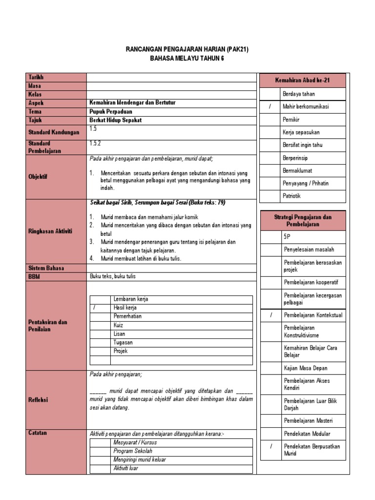 Contoh RPH PAK 21 BM Tahun 6: M12 Berkat Hidup Sepakat | PDF