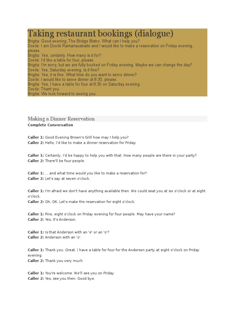 Restaurant Reservation Dialogue Examples | PDF | Restaurants | Gastronomy
