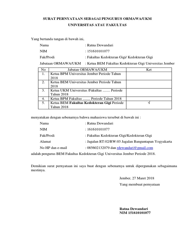 Surat Pernyataan Sebagai Pengurus Ormawa | PDF