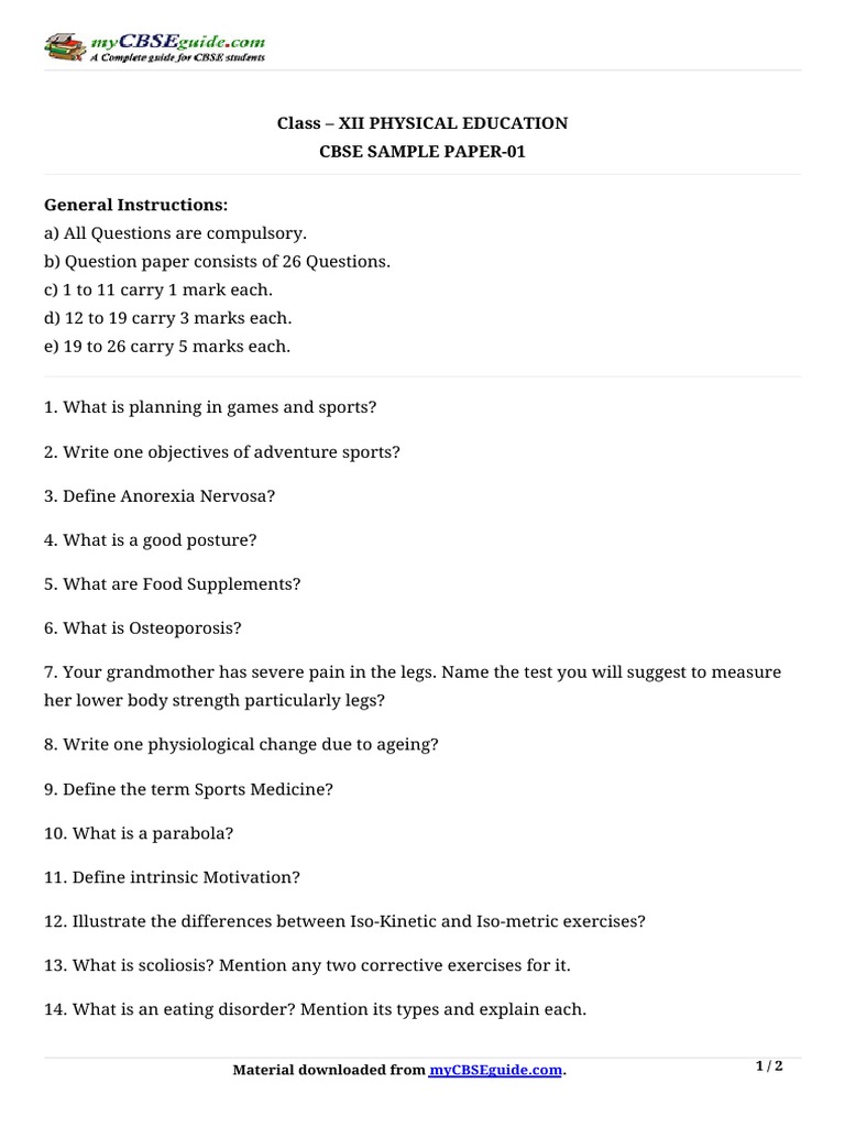 Class - Xii Physical Education Cbse Sample Paper-01 General ...