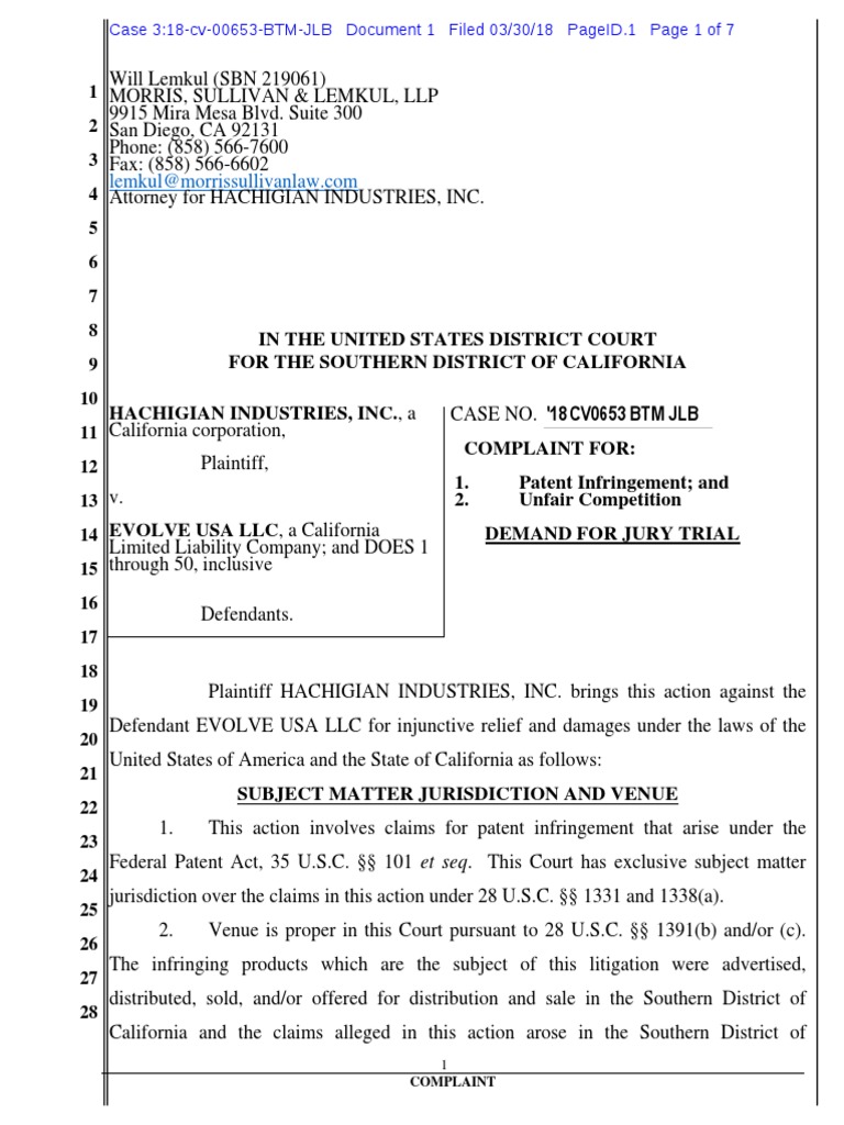 Hachigian Industries Inc. v. Evolve USA - Complaint | PDF | Complaint ...