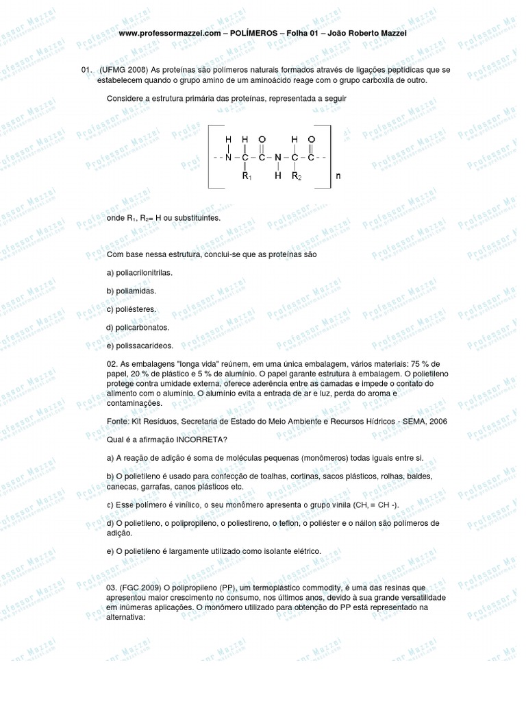 Exercicios Polimeros Pdf Monômero Plástico