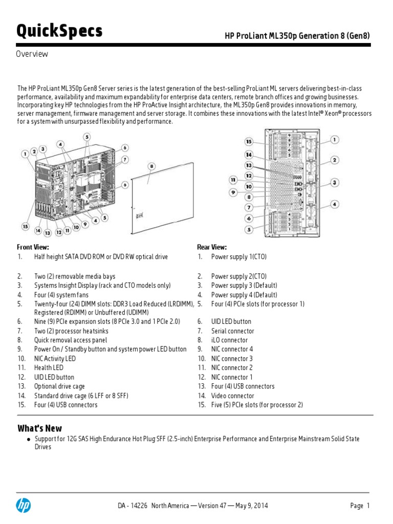 1019 - HP ProLiant ML350p Gen8 Datasheet 1 PDF | PDF | Computer Cluster | Cloud Computing