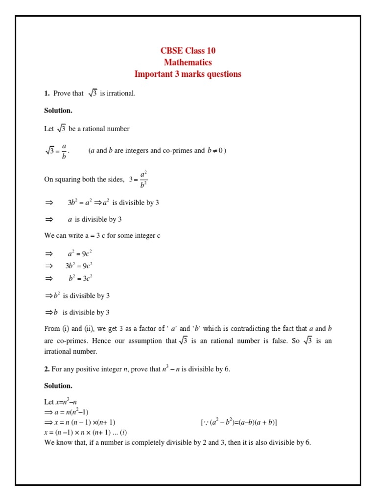 Important 3 Marks Questions from CBSE Class 10 Mathematics: Key ...
